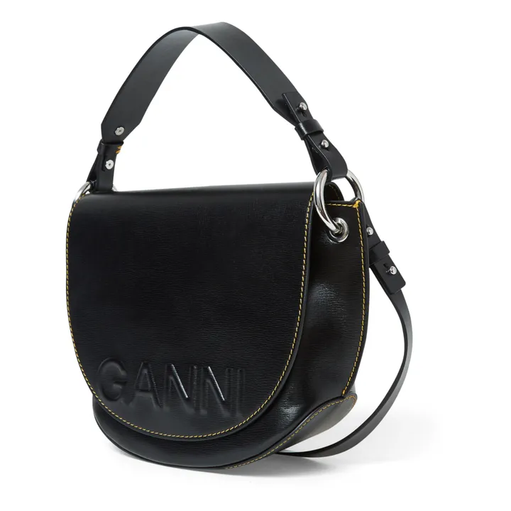 Ganni - Sac Saddle Banner Coutures Jaunes Cuir Recyclé - Noir | Smallable